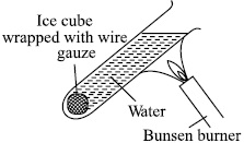 the diagram shows a boiling tube filled with water there is an ice cube ...